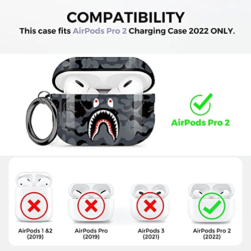 Fashion Pattern AirPods Pro 2nd Generation Case 2022,for Men Women Shark Tooth Camo Softshell Full Body Shockproof Protective Cover for New AirPod Pro 2 with Keychain/Hand Strap (Black Shark)