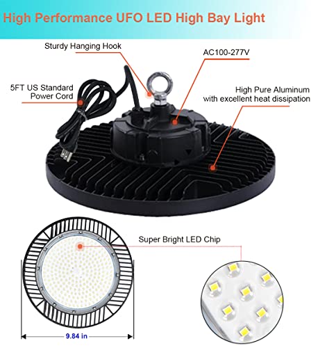 150W UFO LED High Bay Light, 21,000lm (Eqv.600W MH/HPS), 100-277V, 5000K Daylight LED High Bay Lights Fixture 5' Cable with US Plug for Workshop, Warehouse, Barn, Garage - Pack of 1