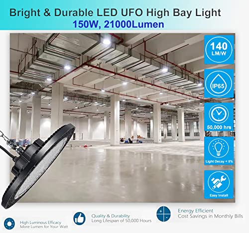 150W UFO LED High Bay Light, 21,000lm (Eqv.600W MH/HPS), 100-277V, 5000K Daylight LED High Bay Lights Fixture 5' Cable with US Plug for Workshop, Warehouse, Barn, Garage - Pack of 1