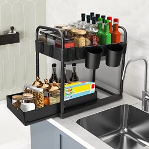 CJNBSHAD Under Sink Organizers and Storage, Adjustable Height Sliding Bathroom Sink Organizer, Multi-Use 2 Tier Under Kitchen Sink Organizer, Cabinet Organizer Storage With 4 Hooks, 2 Hanging Cup