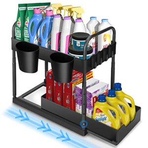 cjnbshad under sink organizers and storage, adjustable height sliding bathroom sink organizer, multi-use 2 tier under kitchen sink organizer, cabinet organizer storage with 4 hooks, 2 hanging cup