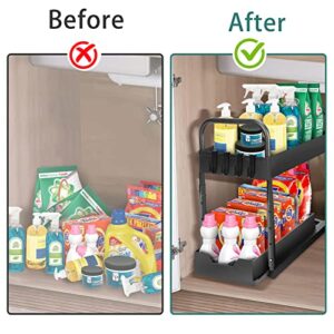 CJNBSHAD Under Sink Organizers and Storage, Adjustable Height Sliding Bathroom Sink Organizer, Multi-Use 2 Tier Under Kitchen Sink Organizer, Cabinet Organizer Storage With 4 Hooks, 2 Hanging Cup