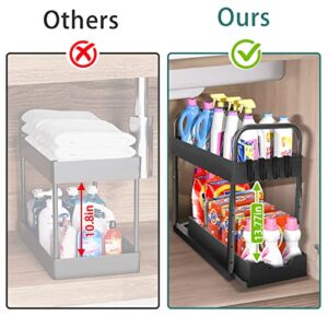 CJNBSHAD Under Sink Organizers and Storage, Adjustable Height Sliding Bathroom Sink Organizer, Multi-Use 2 Tier Under Kitchen Sink Organizer, Cabinet Organizer Storage With 4 Hooks, 2 Hanging Cup