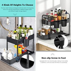 CJNBSHAD Under Sink Organizers and Storage, Adjustable Height Sliding Bathroom Sink Organizer, Multi-Use 2 Tier Under Kitchen Sink Organizer, Cabinet Organizer Storage With 4 Hooks, 2 Hanging Cup