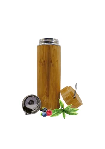 Greenlively Organic Bamboo Stainless Steel Bottle Detachable Tea Filter Eco Friendly-Vegan-Organic-Leak Proof-Non Slip Lid- Travel Thermos-Insulated Thermos-BPA Free And Phalate Free- (16.2)