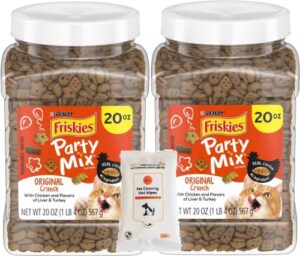 aurora pet bundle (2) 20 oz friskies party mix original crunch chicken cat treats with aurorapet wipes