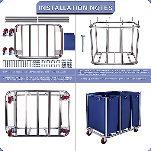 Commercial laundry cart with wheels,400L large laundry basket with wheels,laundry hamper on wheels heavy duty with Steel Frame and Waterproof Oxford Cloth, 330Lbs Load (Blue)