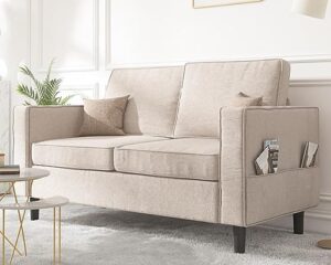 mjkone loveseat sofa, small couches with 4 storage pockets, modern linen fabric 2 seaters sofa for living room, apartment, small spaces, bedroom - beige