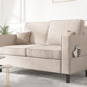 Mjkone Loveseat Sofa, Small Couches with 4 Storage Pockets, Modern Linen Fabric 2 Seaters Sofa for Living Room, Apartment, Small Spaces, Bedroom - Beige