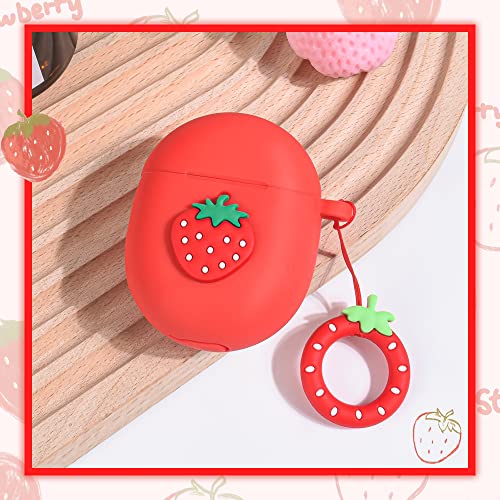 Newseego Compatible Google Pixel Buds Pro(2022) Case, Cute 3D Funny Protective Cover Soft Silicone Cartoon Anti-Lost Shockproof Case with Ring Keychain Design Support Wireless Charging-Red Strawberry