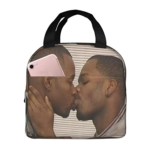 Two Black Men Kissing Meme Reusable Insulated Lunch Bag For Women Men Waterproof Tote Lunch Box Thermal Cooler Lunch Tote Bag For Work Office Travel Picnic