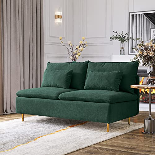 JULYFOX Emerald Green Loveseat Sofa Armless, 60 in Overstuffed Mid Century Modern Fabric Couch Pillow Back 700 lbs Heavy Duty for Small Spaces