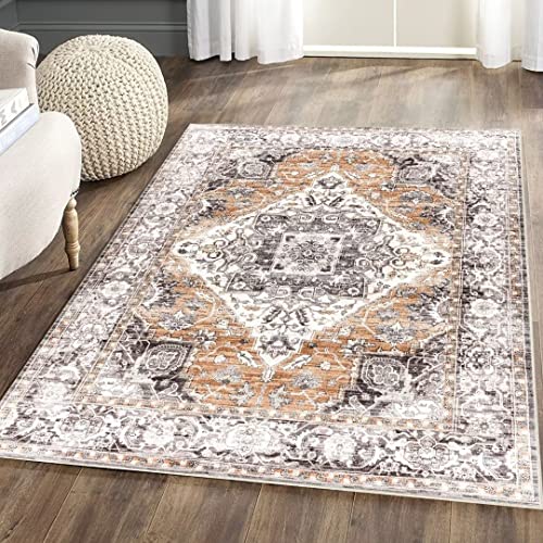 Boho Washable Area Rug 3x5 Bedroom Entry Throw Rug Medallion Stain Resistant Distressed Bohemian Ultra Thin Rug Non-Slip Carpet for Entrance Living Room Dining Table