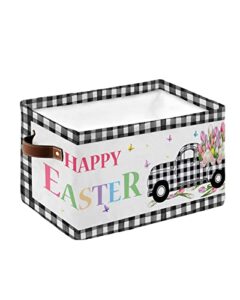 storage bins,spring truck bunny tail pink tulip flower black white check easter storage basket with handles,waterproof collapsible storage bin,rabbit flower butterfly storage organizer shelves closet