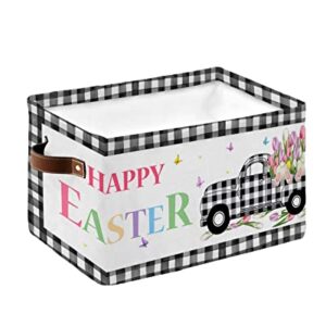 Storage Bins,Spring Truck Bunny Tail Pink Tulip Flower Black White Check Easter Storage Basket with Handles,Waterproof Collapsible Storage Bin,Rabbit Flower Butterfly Storage Organizer Shelves Closet