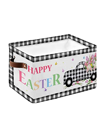 Storage Bins,Spring Truck Bunny Tail Pink Tulip Flower Black White Check Easter Storage Basket with Handles,Waterproof Collapsible Storage Bin,Rabbit Flower Butterfly Storage Organizer Shelves Closet