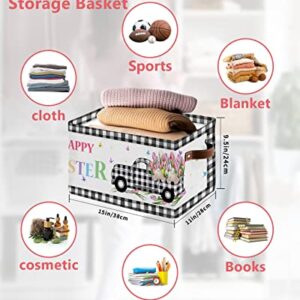 Storage Bins,Spring Truck Bunny Tail Pink Tulip Flower Black White Check Easter Storage Basket with Handles,Waterproof Collapsible Storage Bin,Rabbit Flower Butterfly Storage Organizer Shelves Closet