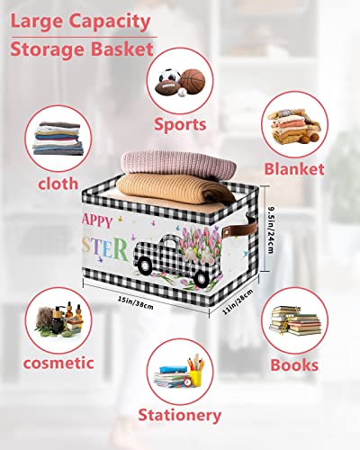 Storage Bins,Spring Truck Bunny Tail Pink Tulip Flower Black White Check Easter Storage Basket with Handles,Waterproof Collapsible Storage Bin,Rabbit Flower Butterfly Storage Organizer Shelves Closet