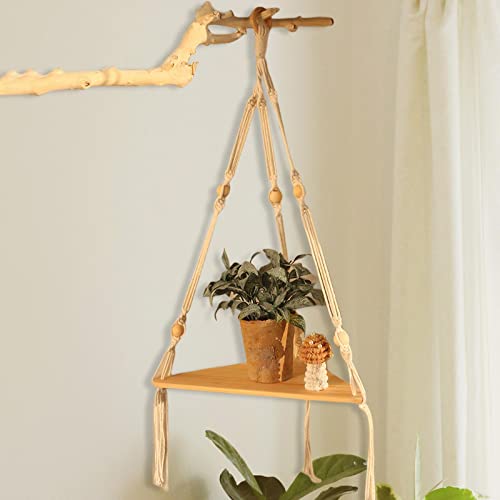 loensy Macrame Hanging Shelf Corner Rope Shelf Floating Shelf for Bookshelf Indoor