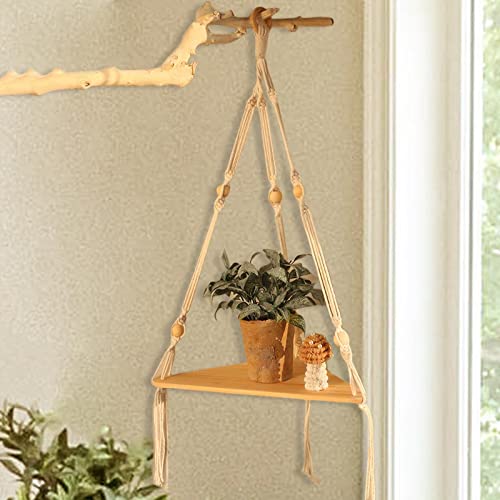 loensy Macrame Hanging Shelf Corner Rope Shelf Floating Shelf for Bookshelf Indoor