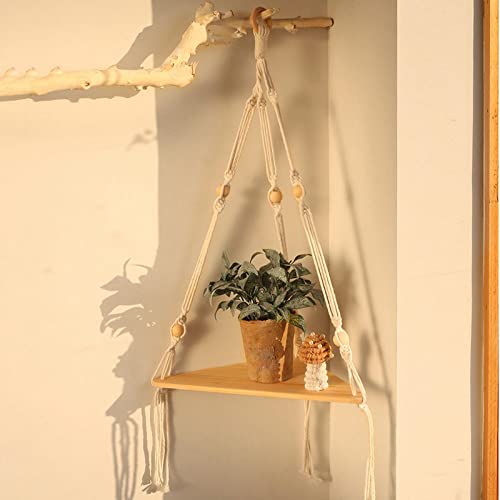 loensy Macrame Hanging Shelf Corner Rope Shelf Floating Shelf for Bookshelf Indoor