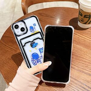 CEOKOK Compatible for iPhone 14 Case with Card Holder Slot Clear Design Astronaut Cute Aesthetic Transparent Anime Pattern Men Women Girls Kids Soft Silicone TPU Cool Protective Phone Case Cover