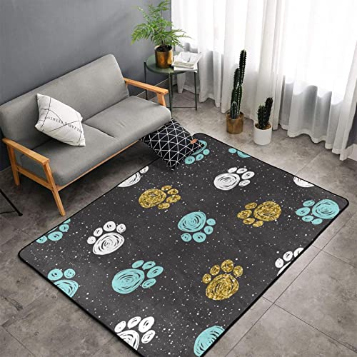 Cute Footprint Washable Area Rugs,Gold, Blue and White Abstract Dog Paw Track Soft Large Floor Carpets Non-Skid Rug for Kids Room Living Room Bedroom Home Decor 4x6 Ft