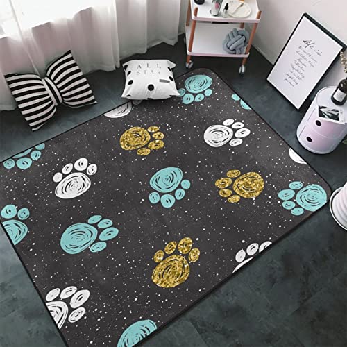 Cute Footprint Washable Area Rugs,Gold, Blue and White Abstract Dog Paw Track Soft Large Floor Carpets Non-Skid Rug for Kids Room Living Room Bedroom Home Decor 4x6 Ft