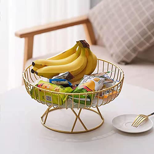 wentian Fruit Bowl 2 in 1 Iron Fruit Basket and Glass Tray Countertop Vegetables Storage Basket (Gold and white)