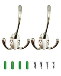 abinlin wall hooks for hanging 2 pcs, heavy duty coat hooks wall mounted, three hook for hat, robe, key, towel, bags (silver)