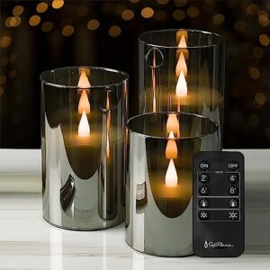 softflame flickering flameless glass led candles with remote control, 3d flame battery operated candles in real wax for indoor use and home décor, set of 3: 3"x4", 3"x5", 3"x6" gray