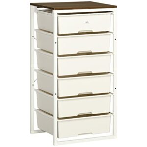 homcom dresser storage drawers with 6 plastic bins and steel frame, crafting bins for living room, bedroom, white