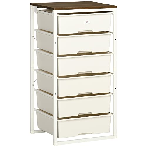 HOMCOM Dresser Storage Drawers with 6 Plastic Bins and Steel Frame, Crafting Bins for Living Room, Bedroom, White