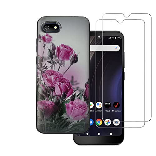 Tznzxm [2-Pack] for Orbic Joy Tempered Glass Screen Protector,Orbic Joy Case, Orbic Joy RC608L Phone Case, Rose Painting Design Flexible TPU Non-Slip Cover Rubber Slim Case for Orbic Joy RC608L