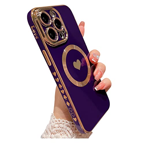 Weonmov Magnetic Case for iPhone 14 Pro Max Case for Women Men [ Compatible with MagSafe ], Cute Love Heart Soft Back Cover Raised Full Camera Lens Protection Phone Case (6.7") - Purple