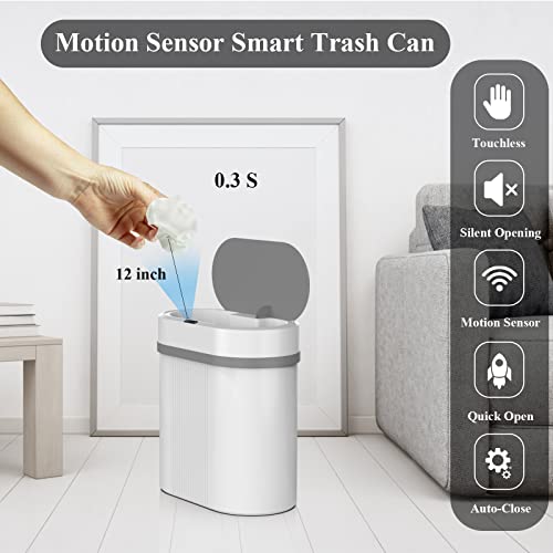 JHZWD Motion Sensor Bathroom Trash Can 2.8 Gallon Touchless Automatic Garbage Can with Lid, Small Waterproof Trash Bin for Office Bedroom Living Room - White