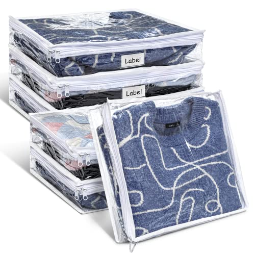 6 Pieces Zippered Storage Bags Clear Sweater Storage Bag PVC Plastic Storage Bags for Blankets Clothes Closet Quilt Pillow Bed Sheet Organizer with Zipper and Label (14.2 x 12 x 3.2 Inch)