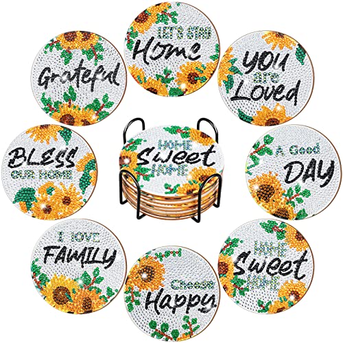 8 Pcs Diamond Coasters Farmhouse for Painting with Holder DIY Inspirational Rustic Absorbent Coasters for Drinks 4 Inch Diamond Painting Kit for Outdoor (Sunflowers)