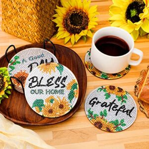 8 Pcs Diamond Coasters Farmhouse for Painting with Holder DIY Inspirational Rustic Absorbent Coasters for Drinks 4 Inch Diamond Painting Kit for Outdoor (Sunflowers)