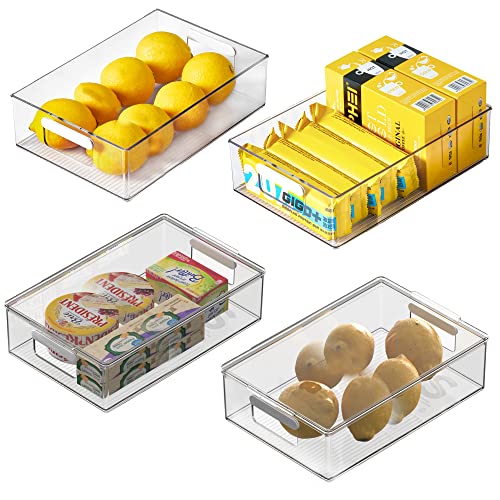 vacane 4 Pack Plastic Shallow Storage Organizer Box Containers with Lids, Stackable Pantry Organizer Built-In Handles Refrigerator Organizer, Storage Cube Hold Food, Snacks, Makeup, Toys-Clear