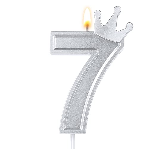 3inch Crown Number Candle, 3D Birthday Number Candle Cake Topper with Crown Cake Numeral Candles Number Candles for Birthday Anniversary Parties (Silver, 7)