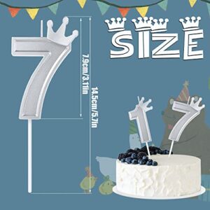 3inch Crown Number Candle, 3D Birthday Number Candle Cake Topper with Crown Cake Numeral Candles Number Candles for Birthday Anniversary Parties (Silver, 7)