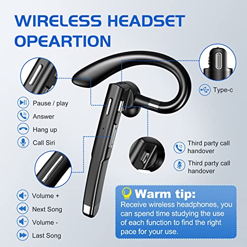 Bluetooth Headphones, Wireless Headset Wireless Headphone with Microphone, Handsfree Single Ear Headset with Case for Driver Trucker Office, Compatible with Android iPhone Laptop Bluetooth Earpiece