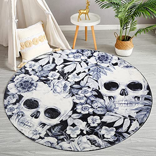 GEVES Black Skull Round Area Rug Turquoise Floral Rugs for Bedroom Kids' Room Living Room Bathroom 3ft Carpet Accent Throw Rugs Indoor Use Non-Slip Easy to Clean