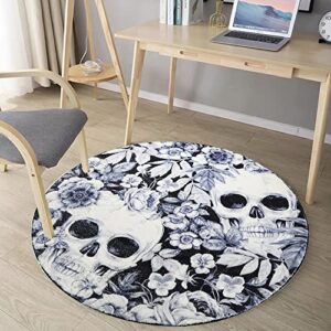 GEVES Black Skull Round Area Rug Turquoise Floral Rugs for Bedroom Kids' Room Living Room Bathroom 3ft Carpet Accent Throw Rugs Indoor Use Non-Slip Easy to Clean