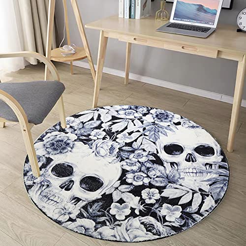 GEVES Black Skull Round Area Rug Turquoise Floral Rugs for Bedroom Kids' Room Living Room Bathroom 3ft Carpet Accent Throw Rugs Indoor Use Non-Slip Easy to Clean