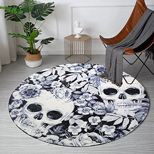 GEVES Black Skull Round Area Rug Turquoise Floral Rugs for Bedroom Kids' Room Living Room Bathroom 3ft Carpet Accent Throw Rugs Indoor Use Non-Slip Easy to Clean