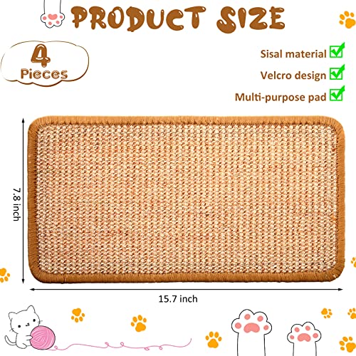 4 Pcs Cat Scratcher Mat Sisal Cat Scratching Pad Scratch Mat for Cat with Adhesive Loop Tape Cat Scratch Pad Rug for Protect Wall Couch Window Perch Cat Wall Furniture Cat Shelves, 15.7x7.8 In (Khaki)