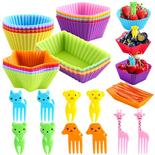 WSmelon Silicone Lunch Box Dividers for kids, 24 pcs Bento Box Dividers with 10 Animal Food Picks,Silicone Bento Box Inserts,Silicone Cupcake Baking Cups,Muffin Pan Liners, Reusable and BPA Free