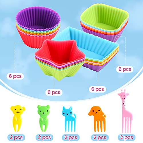 WSmelon Silicone Lunch Box Dividers for kids, 24 pcs Bento Box Dividers with 10 Animal Food Picks,Silicone Bento Box Inserts,Silicone Cupcake Baking Cups,Muffin Pan Liners, Reusable and BPA Free